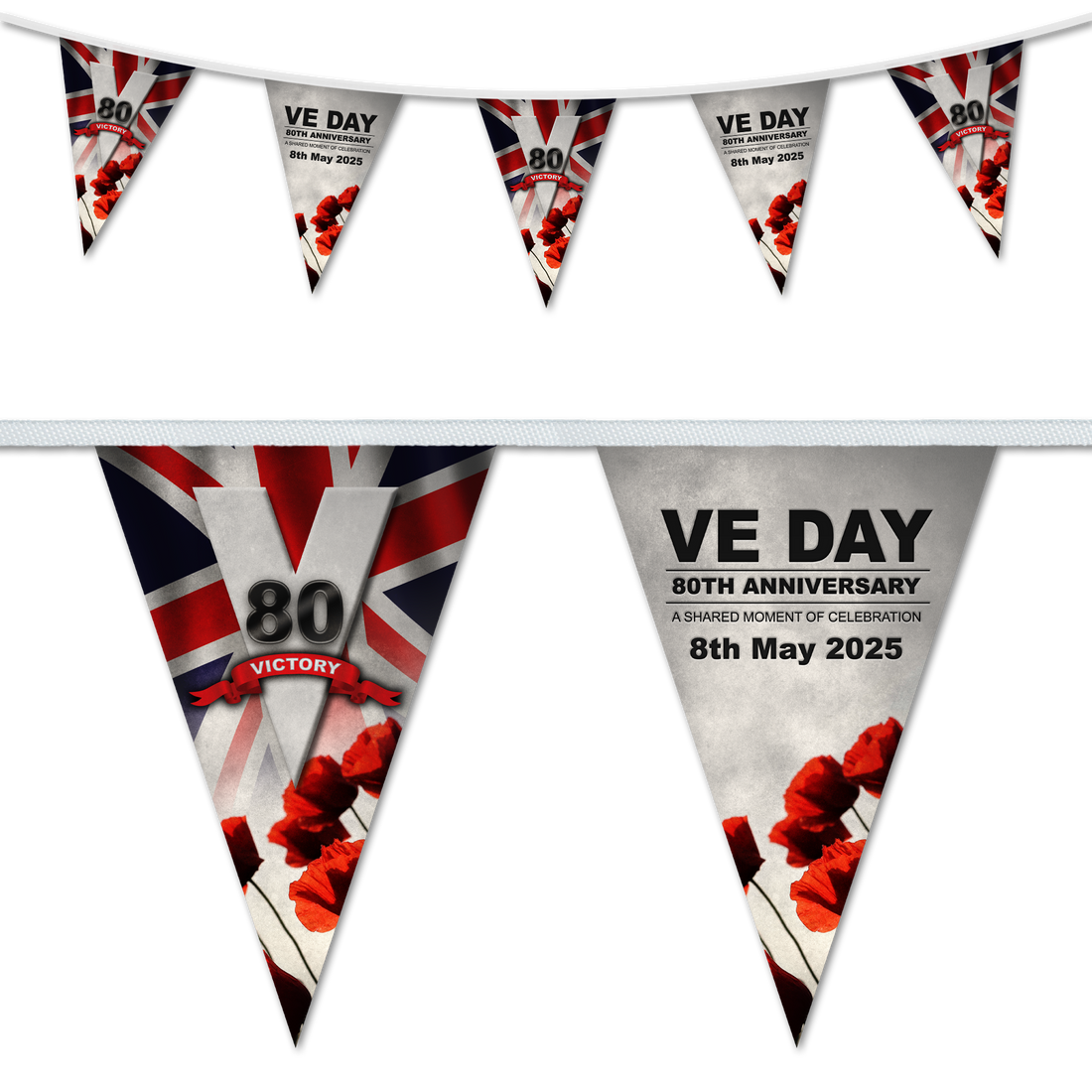 VE Day 80th Anniversary 200x300 Triangles Poppy Design – BuntingFlags.uk